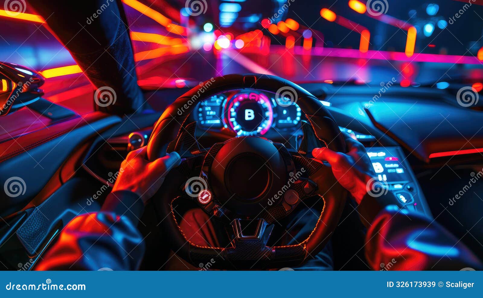 Glowing Dashboard Inside Moving Car at Night, Pov View of Driver Hands ...