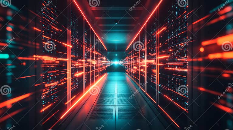 A Glowing Data Center with Dynamic Light Trails and Server Racks ...