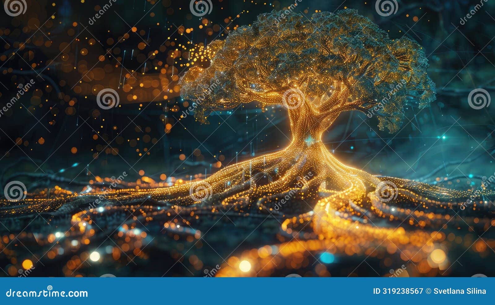 Glowing Data Lines Form Roots and Branches of Ancient Tree ...