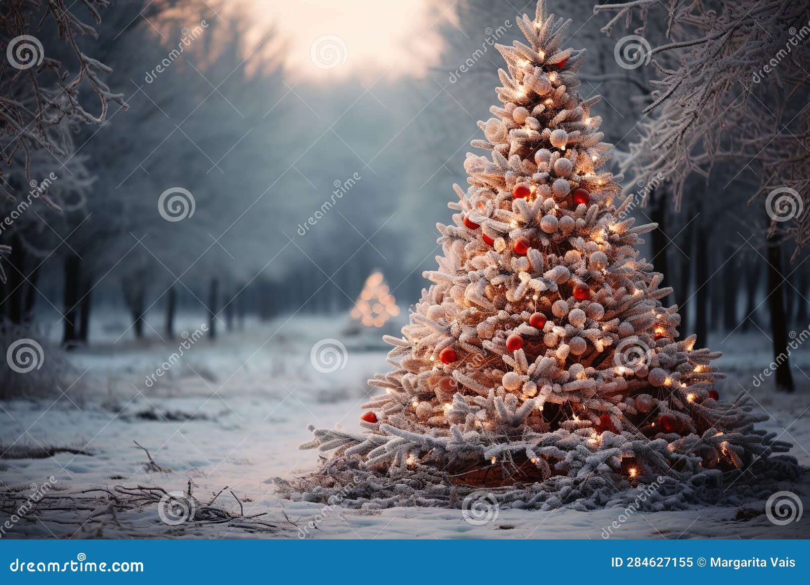 Glowing Decorated Christmas Tree in Snowy Winter Forest at Dusk Stock ...