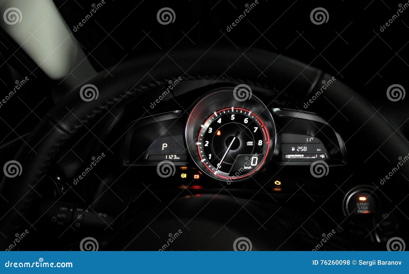 Glowing Dial and Needle Showing Zero Engine Speed in Car Interior Stock ...
