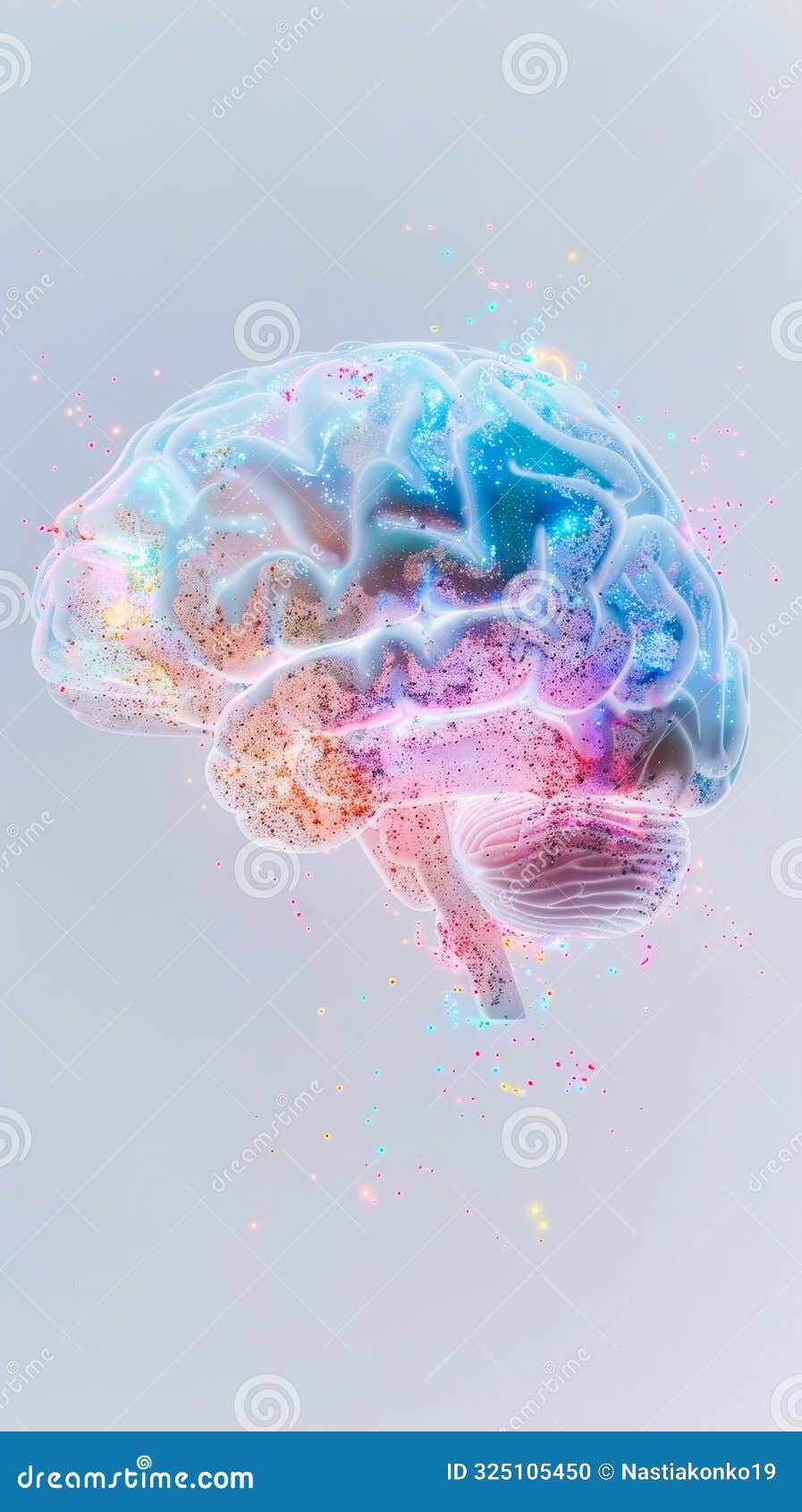Glowing Digital Brain with Colorful Particles on White Background ...
