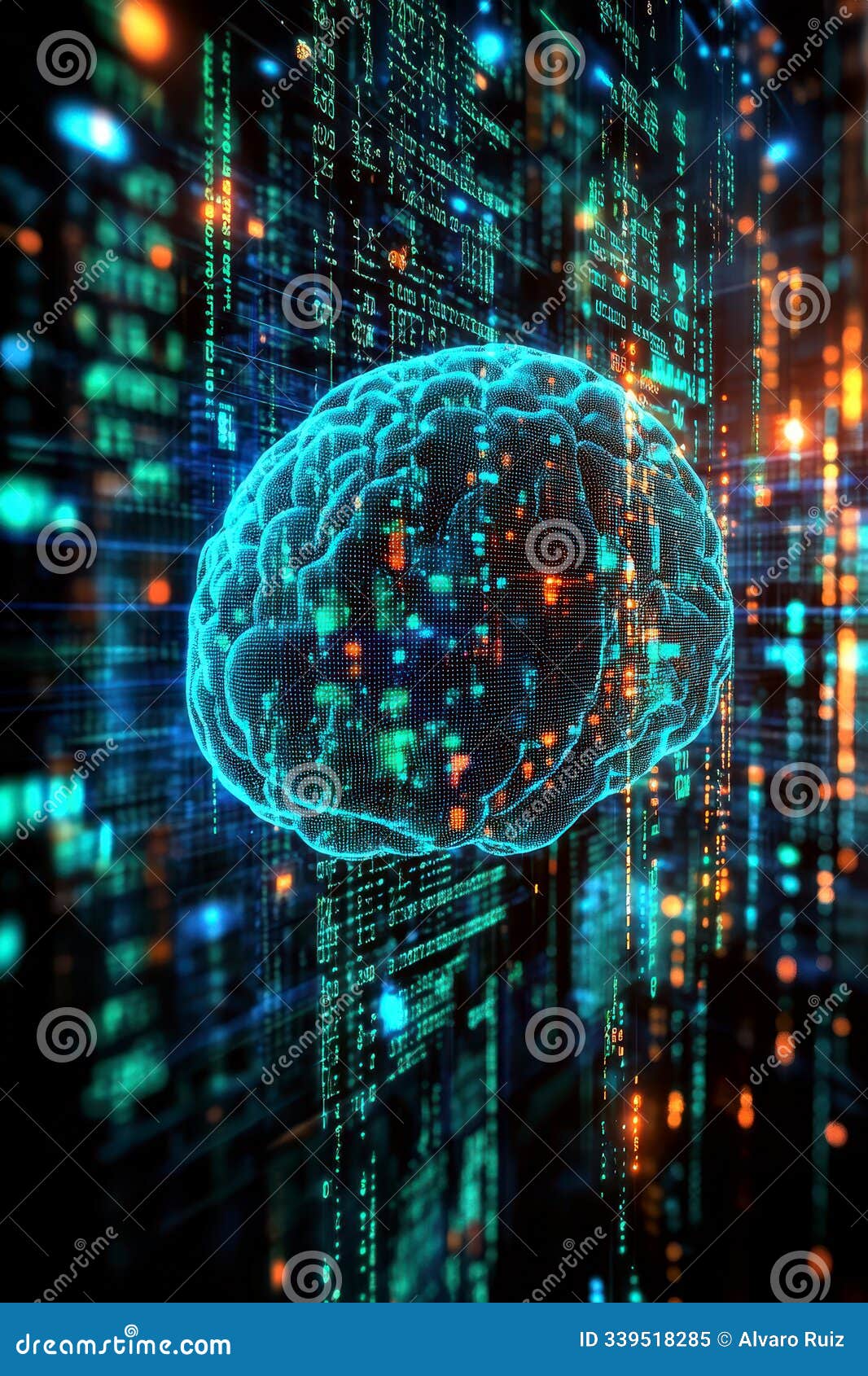 Glowing Digital Brain with Data Codes and Streams in Blue. AI Generated. Stock Illustration ...