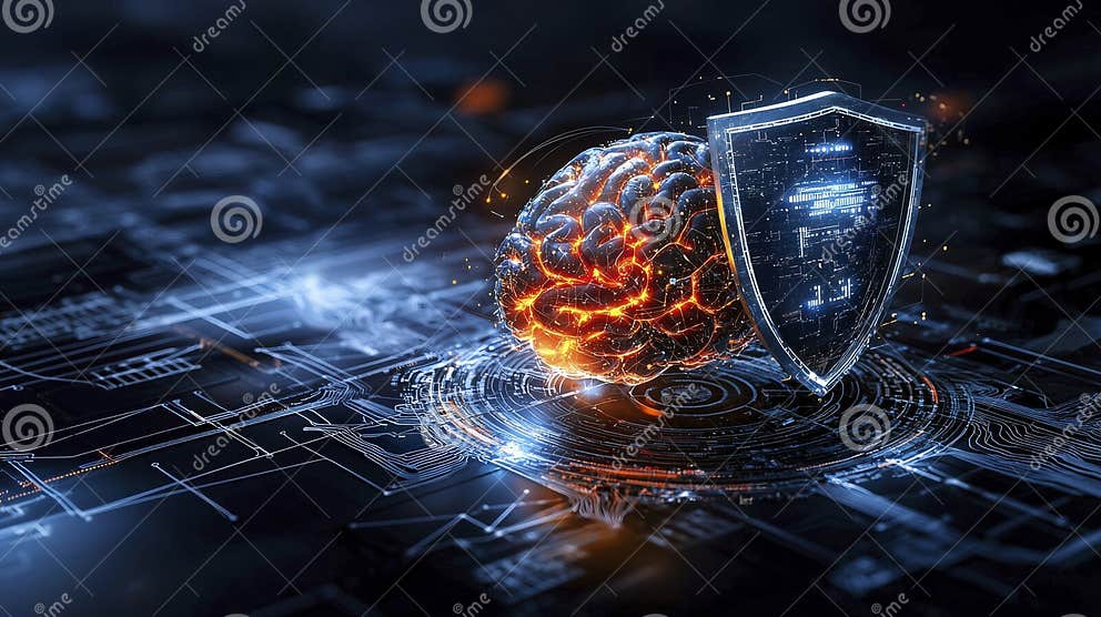 Digital Brain and Shield Symbolizing Cybersecurity Futuristic ...