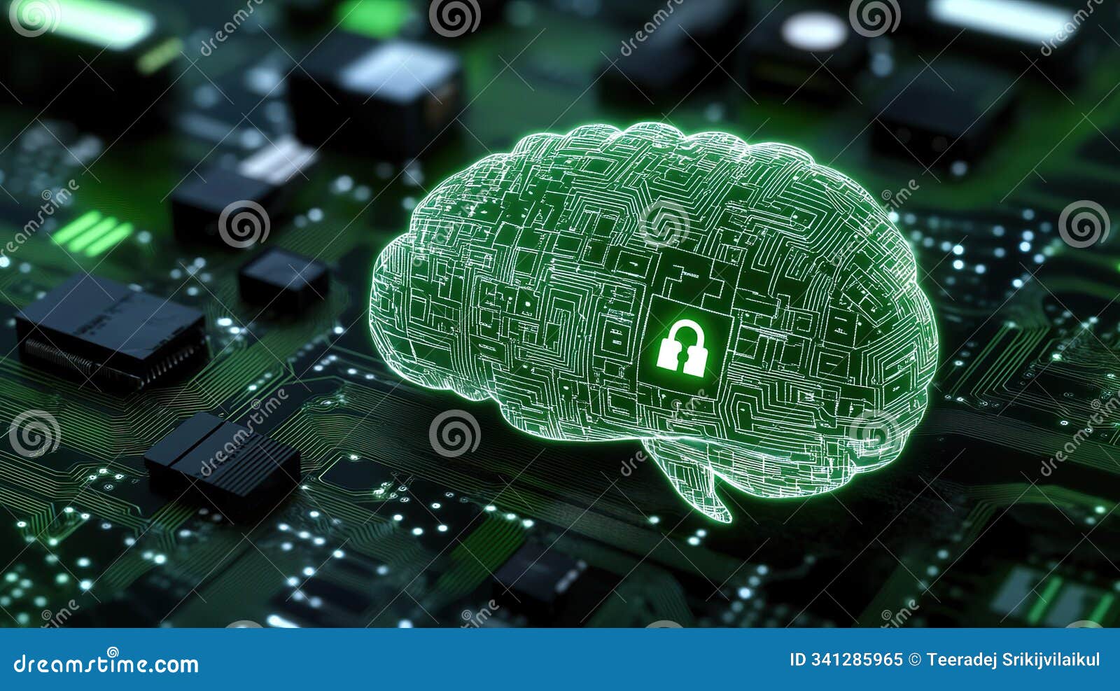 Glowing Digital Brain with Lock Symbol Represents Cybersecurity and ...