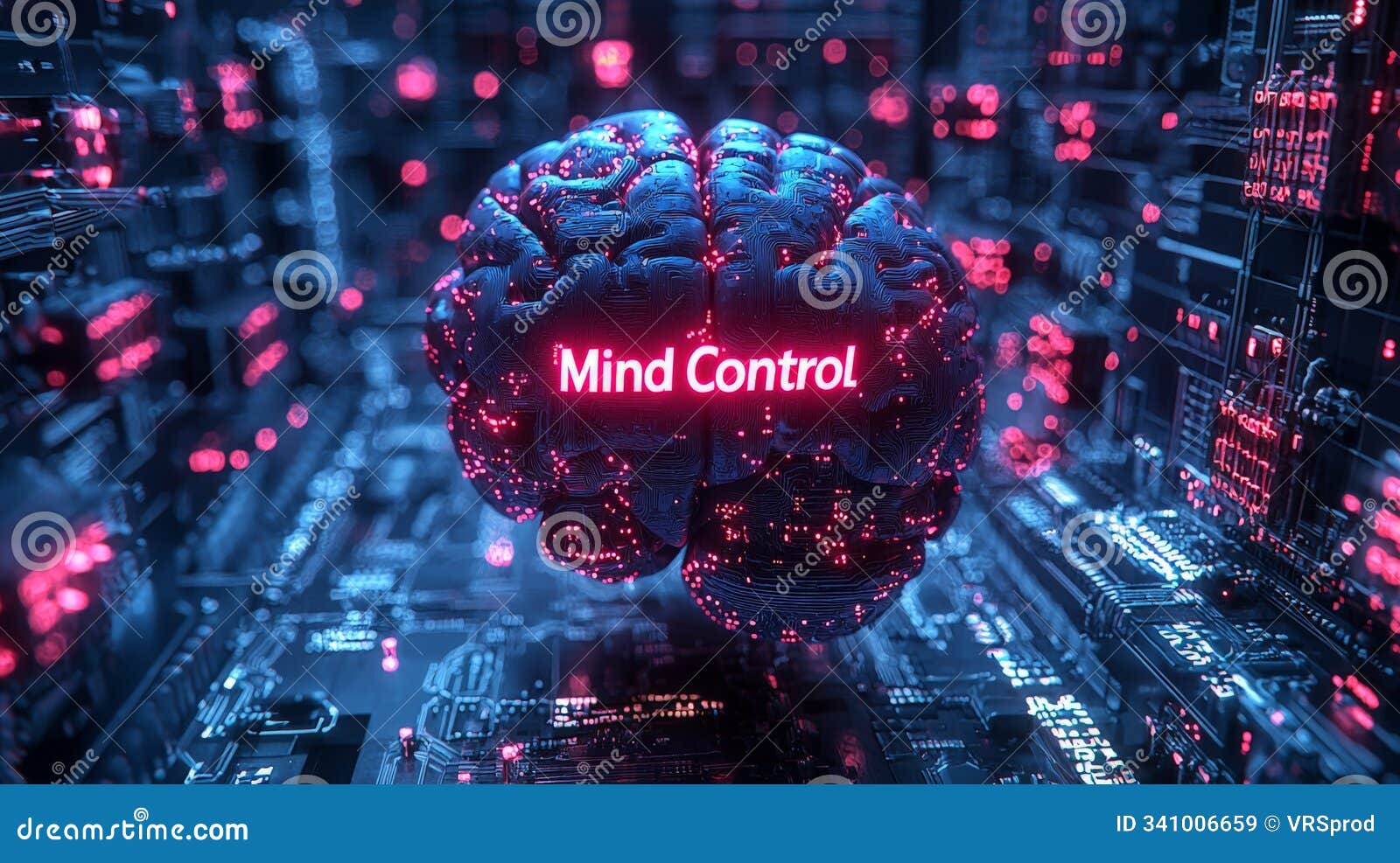 Glowing Digital Brain with "Mind Control" Text in Neon Pink Stock Image ...