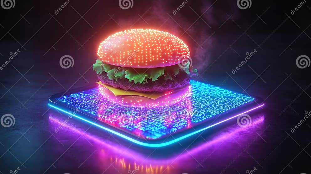 A Glowing, Digital Burger on a Neon Platform Stock Illustration ...