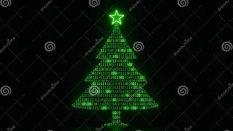 A Glowing Digital Christmas Tree with Binary Code Shines Against a Dark ...