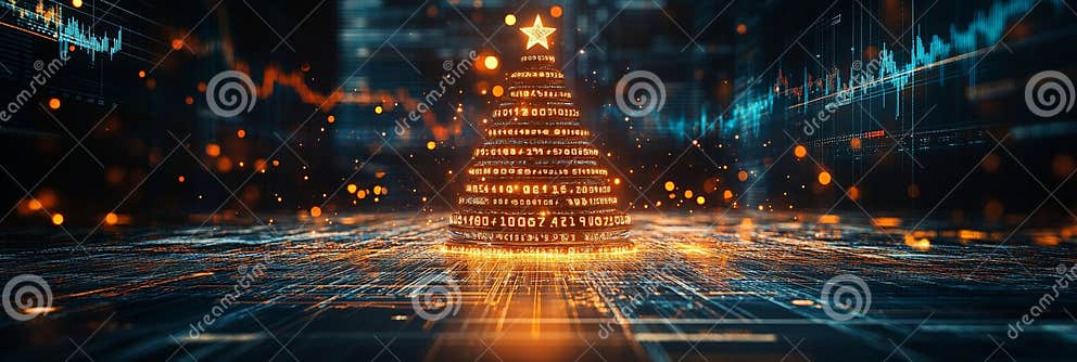 A Glowing Digital Christmas Tree Made of Binary Code and Data Points ...