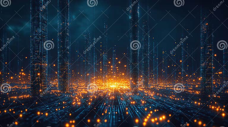 Glowing Digital City at Night with Tall Data Structures and Bright ...