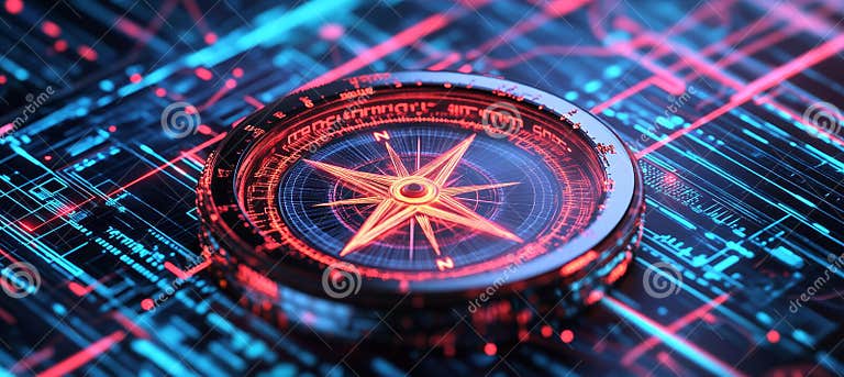 Glowing Digital Compass Navigating Complex Circuitry, Technology and ...