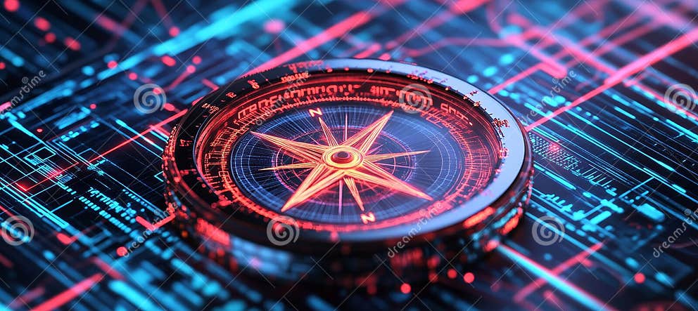 Glowing Digital Compass Navigating Complex Circuitry, Technology and ...