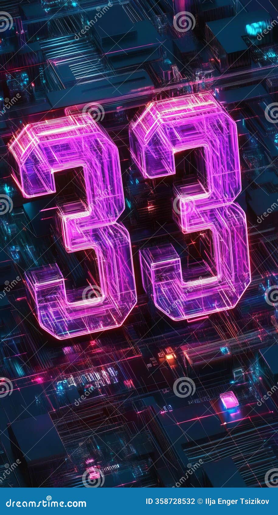 Glowing Digital 3D Number 33 on Abstract Digital Background with ...