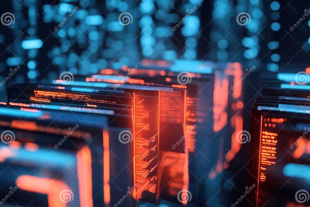 Digital Data Storage System Visualized with Glowing Files in a ...