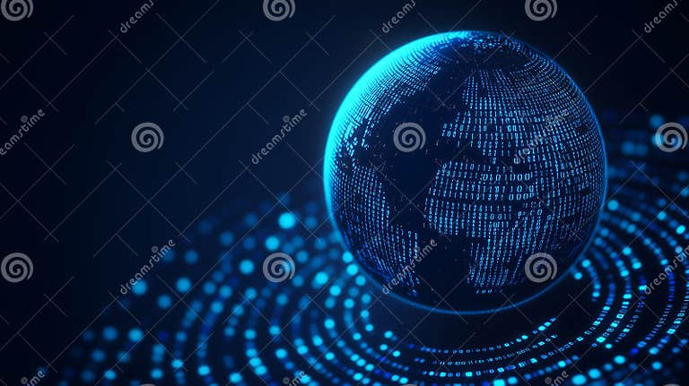 Futuristic Digital Globe with Binary Code and Data Streams, Symbolizing ...