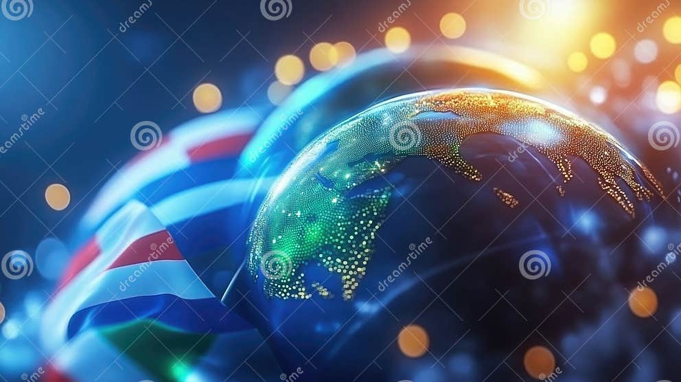 Glowing Digital Globes with Flags and Light Effects in Futuristic ...