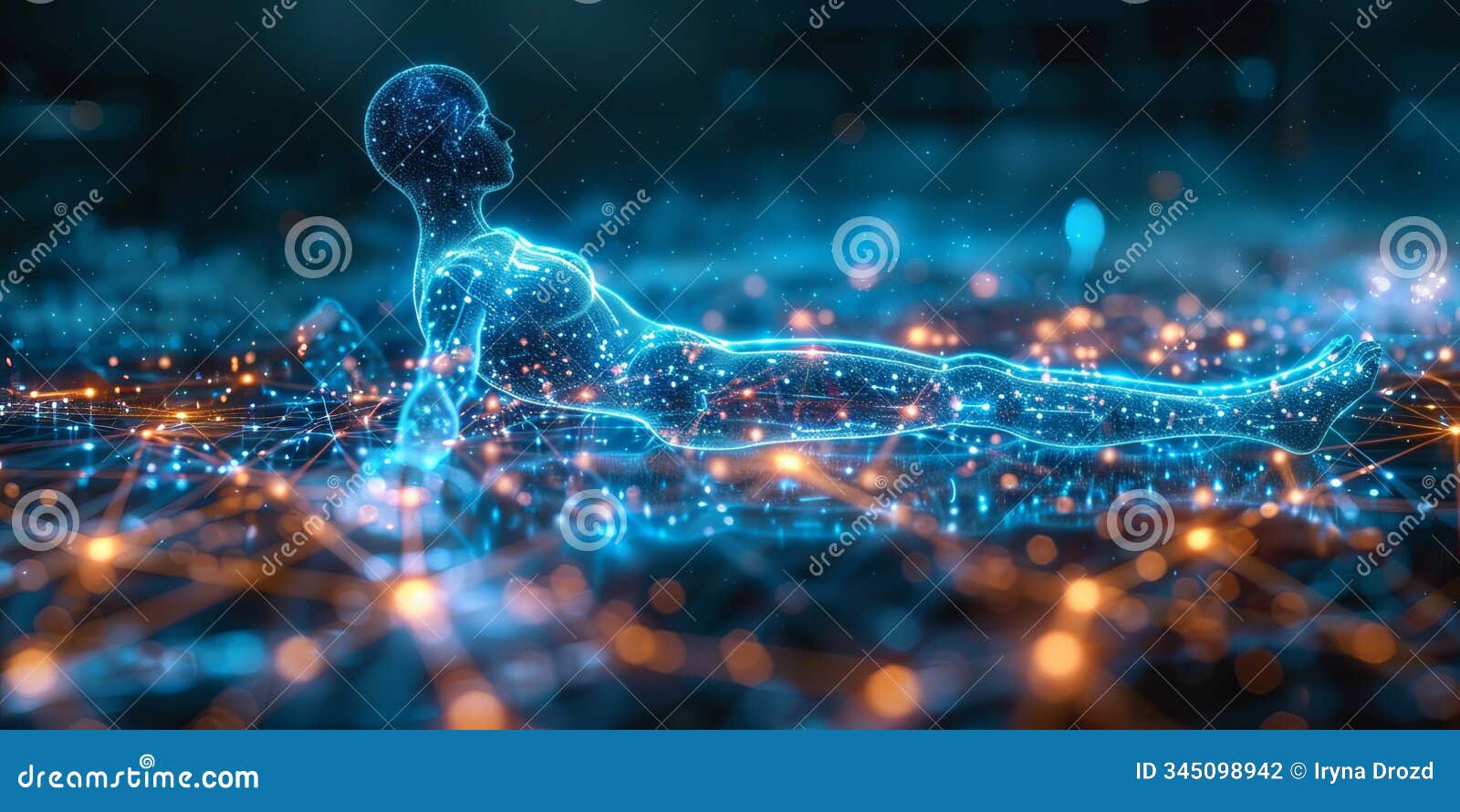 A Glowing Digital Human Figure Lying Down, Symbolizing Virtual Reality ...