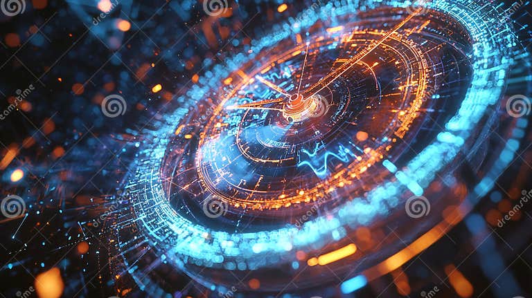 Glowing Digital Interface with Blue and Orange Concentric Circles and Circuit Patterns Stock ...