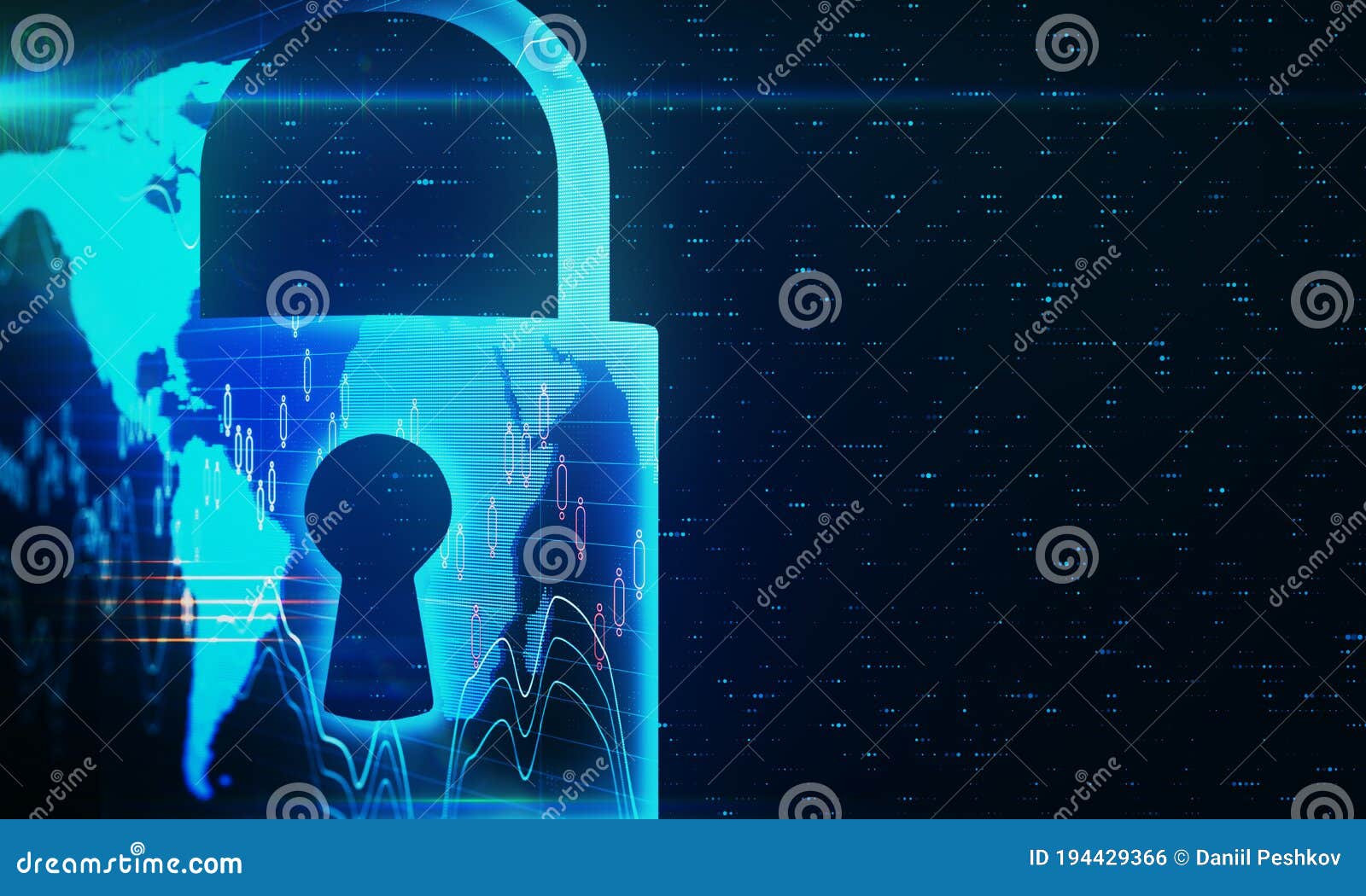 Glowing Digital Lock with Chart and World Map Stock Illustration ...