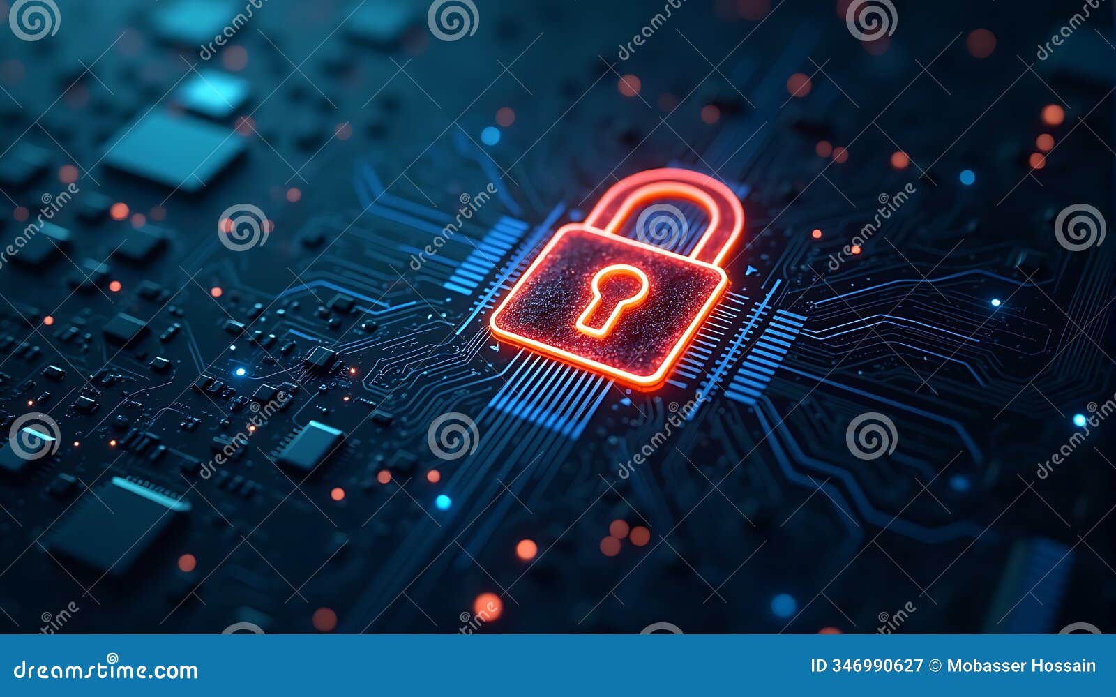 A Glowing Digital Lock Icon Overlaying a Complex Circuit Board ...