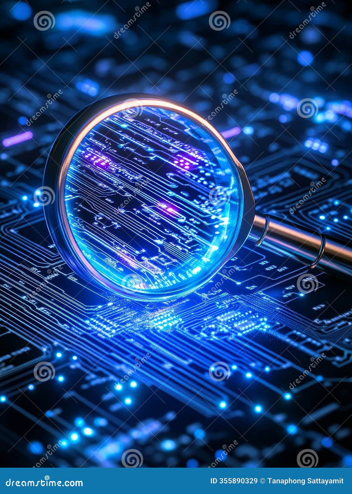 Glowing Digital Magnifying Glass on Circuit Board Cybersecurity Data ...