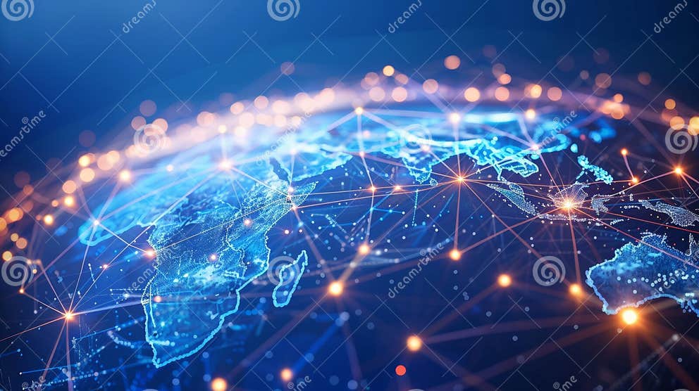 Glowing Digital Map of the World with Highlighted Network Connections in Blue. Global Technology ...