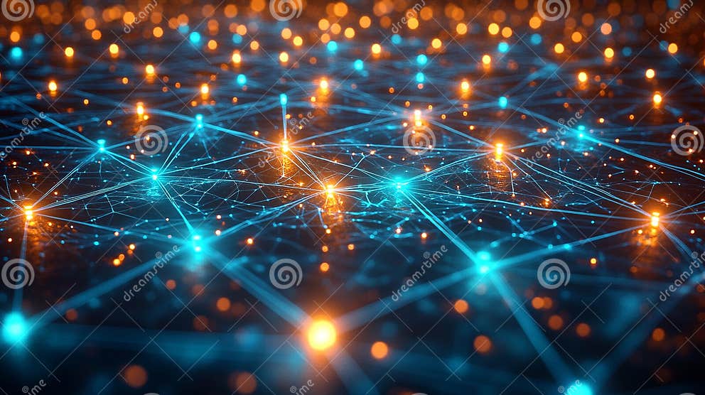 Glowing Digital Network with Blue and Orange Connection Points ...