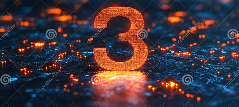 Glowing Digital Number Three on Shiny Abstract Surface with Particle ...