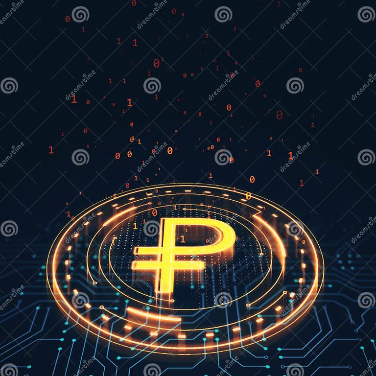 Glowing Digital Ruble Symbol with Binary Code on Dark Tech Background ...
