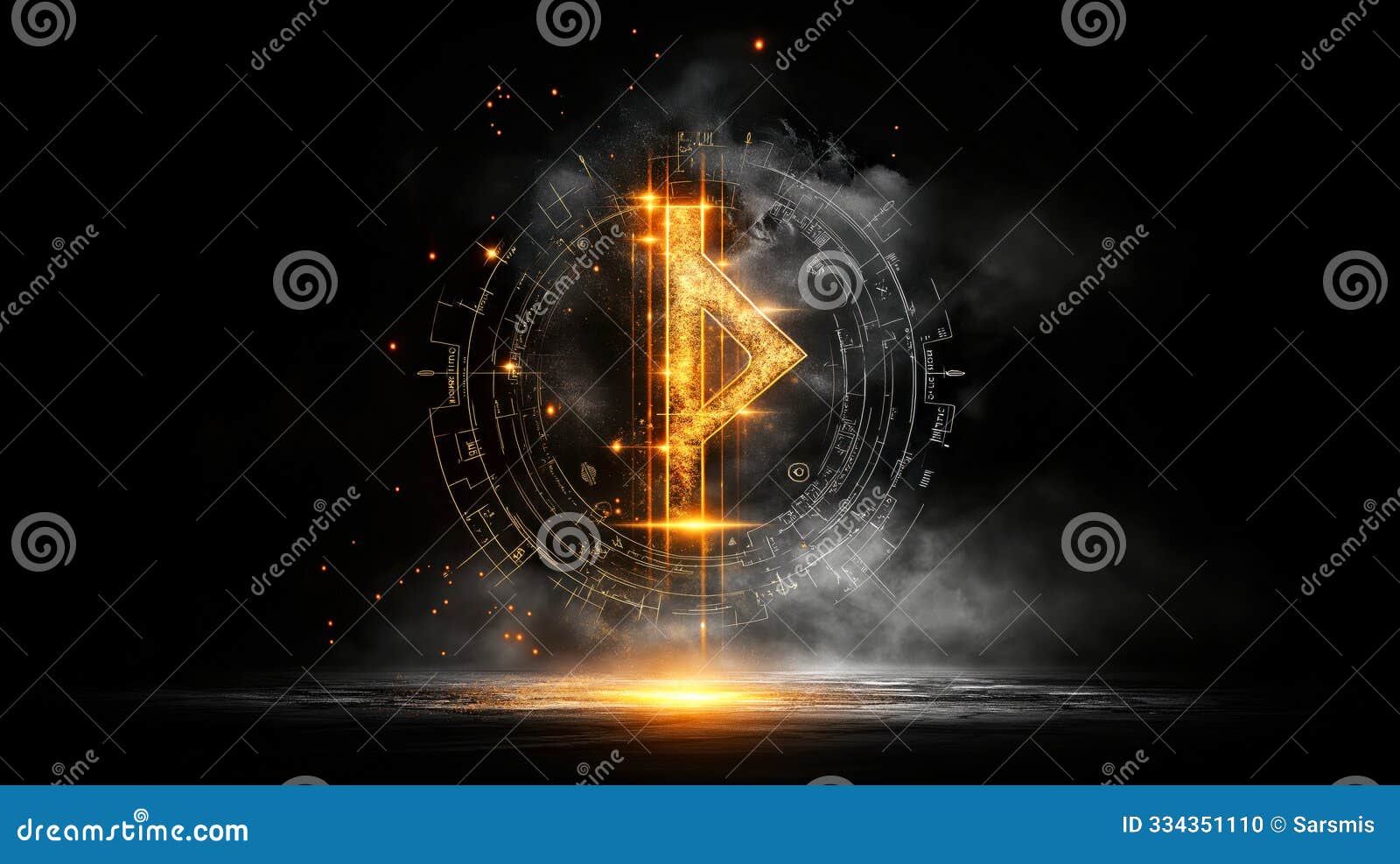 Glowing Digital Rune Symbol on Dark Background with Sparks and Abstract ...