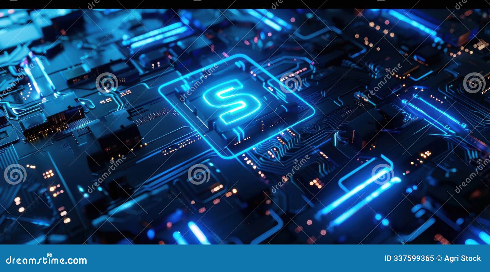 Glowing Digital S Letter on Blue Circuit Board, Semiconductor Chip, CPU ...