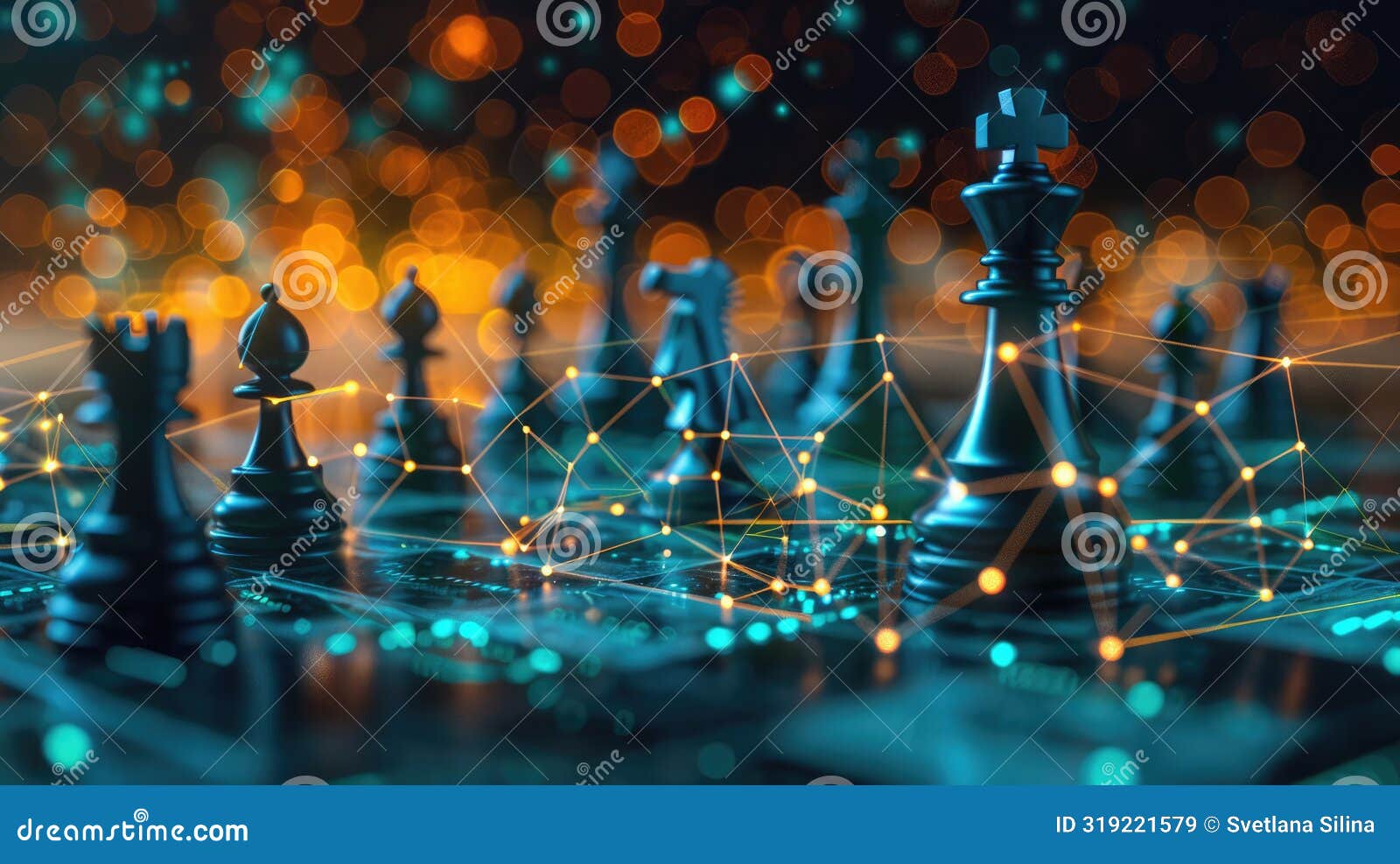 Glowing Digital Threads Connect Chess Pieces on a Board, Illustrating ...