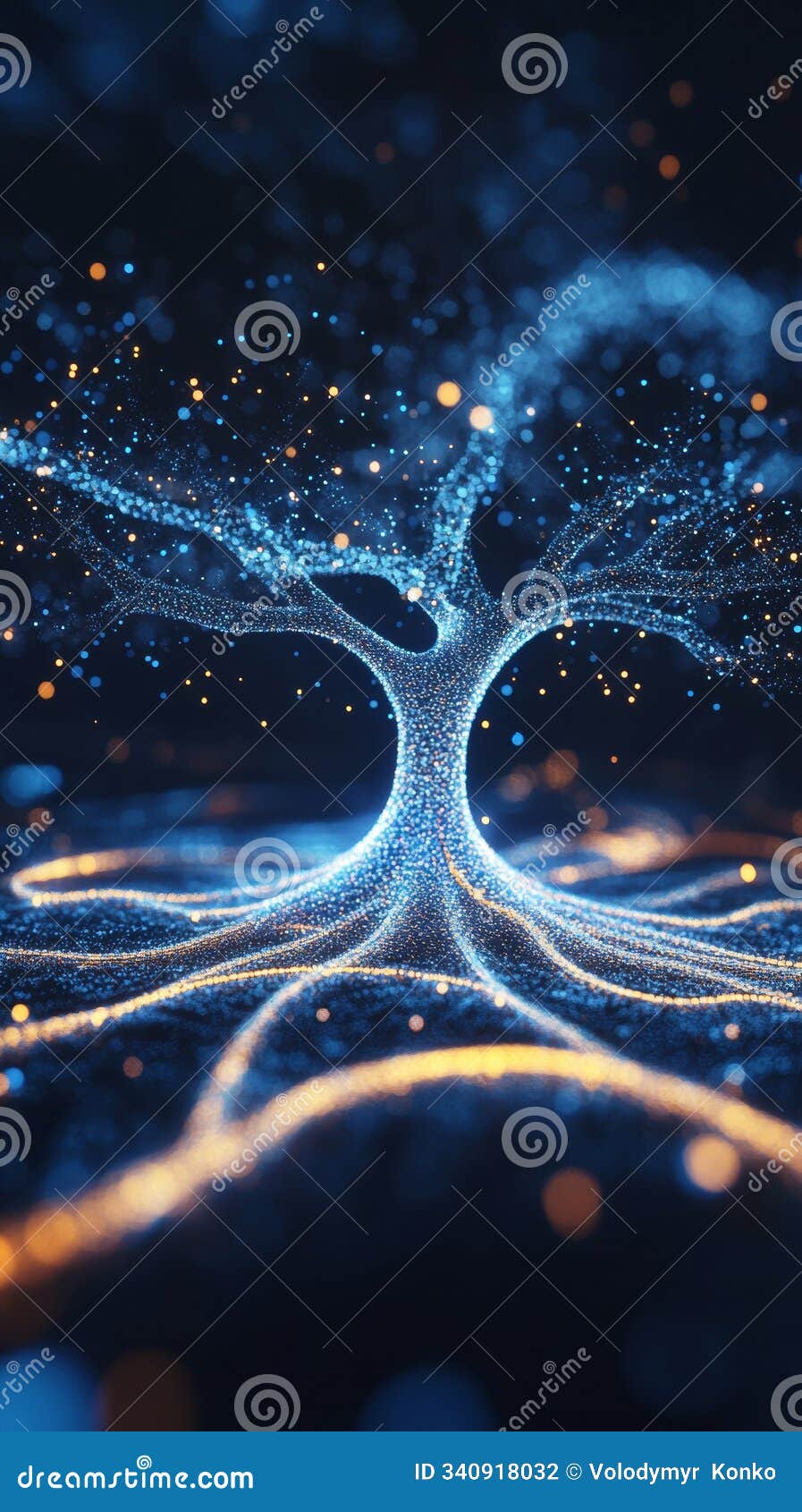 Glowing Digital Tree with Particle Lights on Dark Background ...