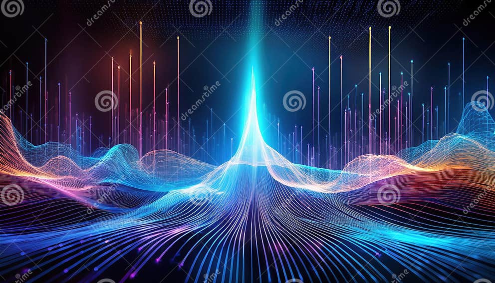 Glowing Digital Wave with Vibrant Colors and Data Visualizations Flowing through Space ...