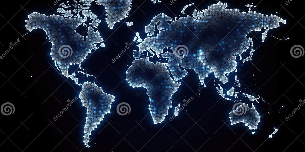 Digital World Map on a Dark Background with Sparkling Light Points ...