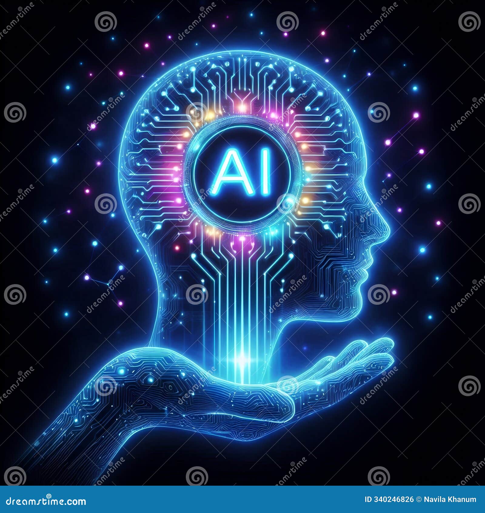 A Glowing Digitprofile Outlined with Neon Blue Circuit-like Patterns ...