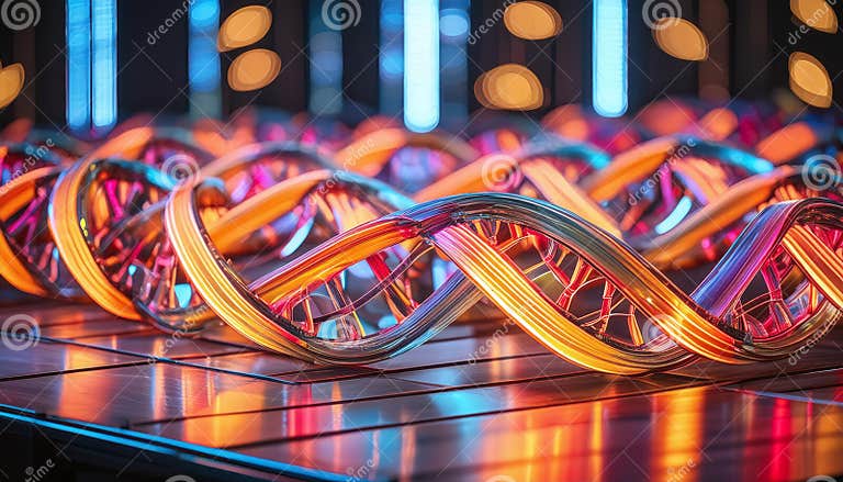 Glowing DNA Double Helix Structures on a Reflective Surface Stock ...
