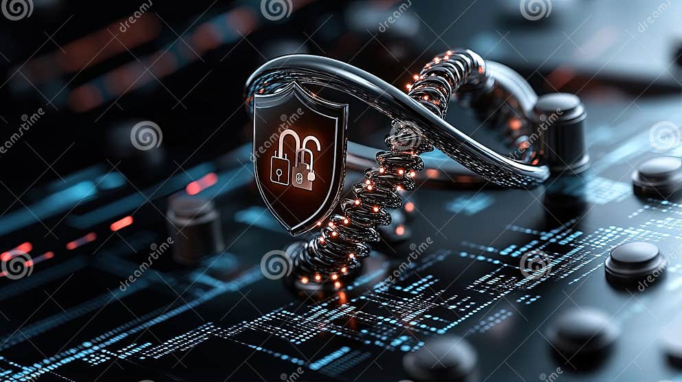 A Glowing DNA Helix Surrounded by Digital Security Icons, Representing ...
