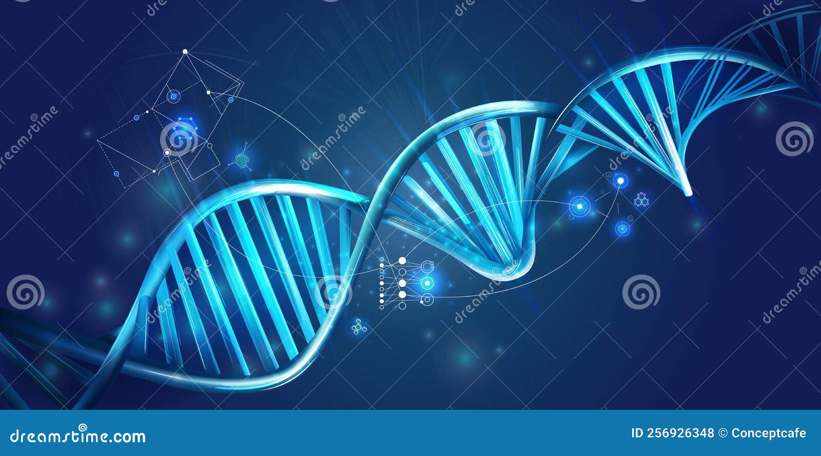 Glowing DNA Spiral and HUD Elements on a Dark Blue Background. Stock ...