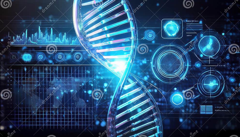 Glowing DNA Strand Integrated with Data Visualizations, Symbolizing ...