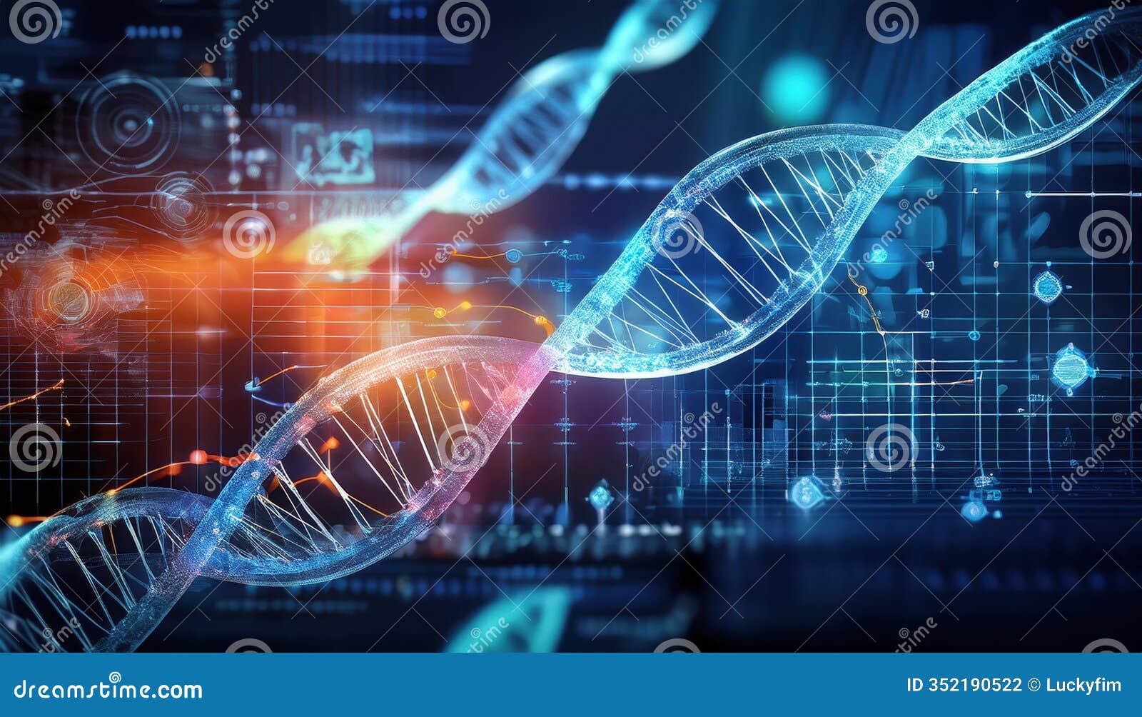 Glowing DNA Strand Intertwined with Data Visualizations, Symbolizing Innovation and Technology ...