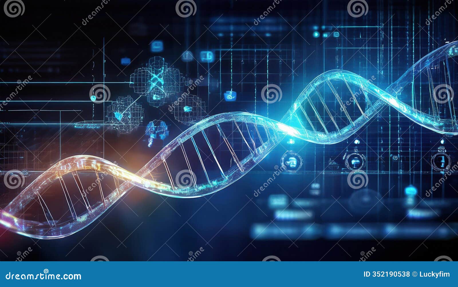 Glowing DNA Strand Intertwined with Data Visualizations, Symbolizing Innovation and Technology ...