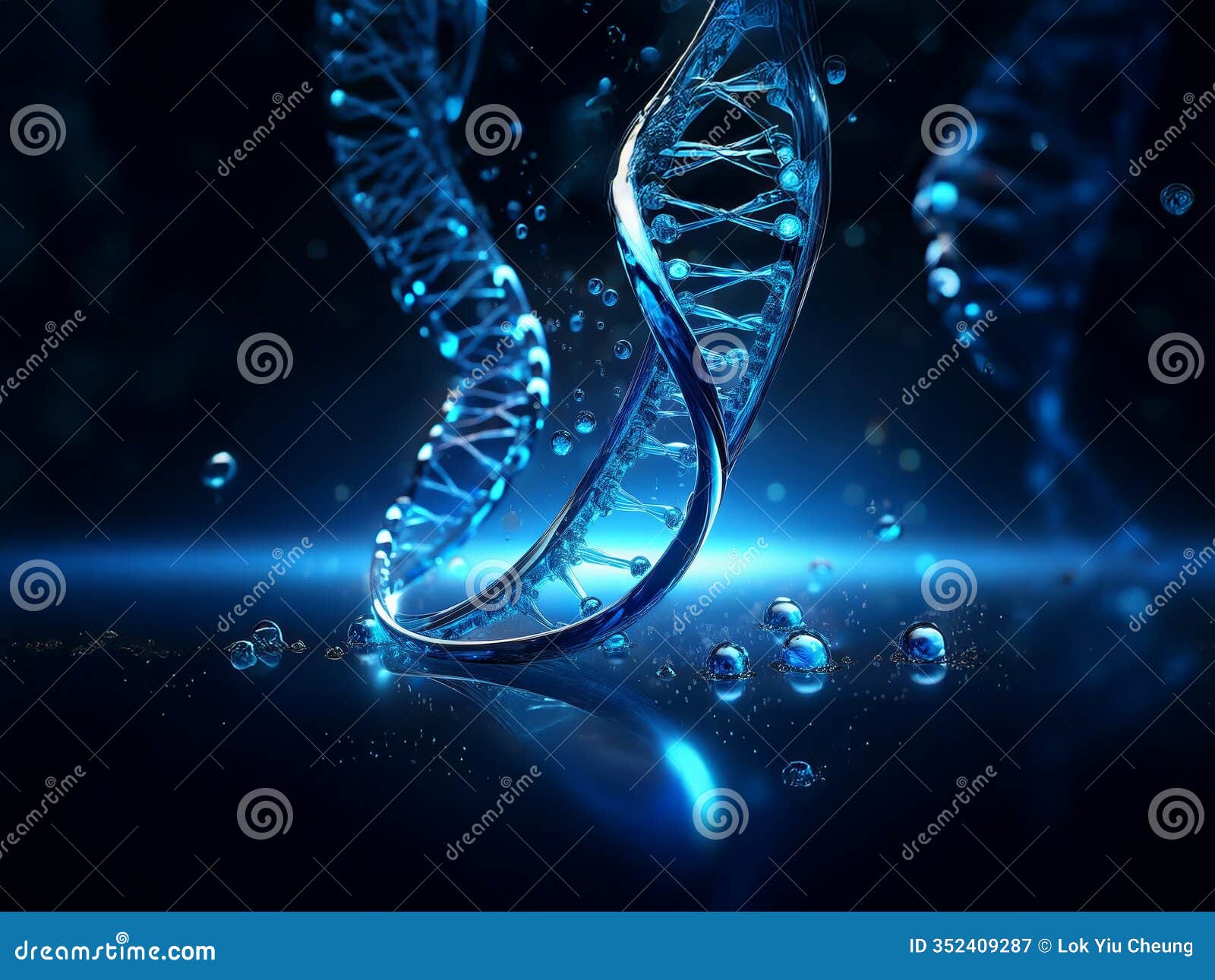 Glowing, Double Helix DNA Strands Float in a Dark, Reflective Space ...