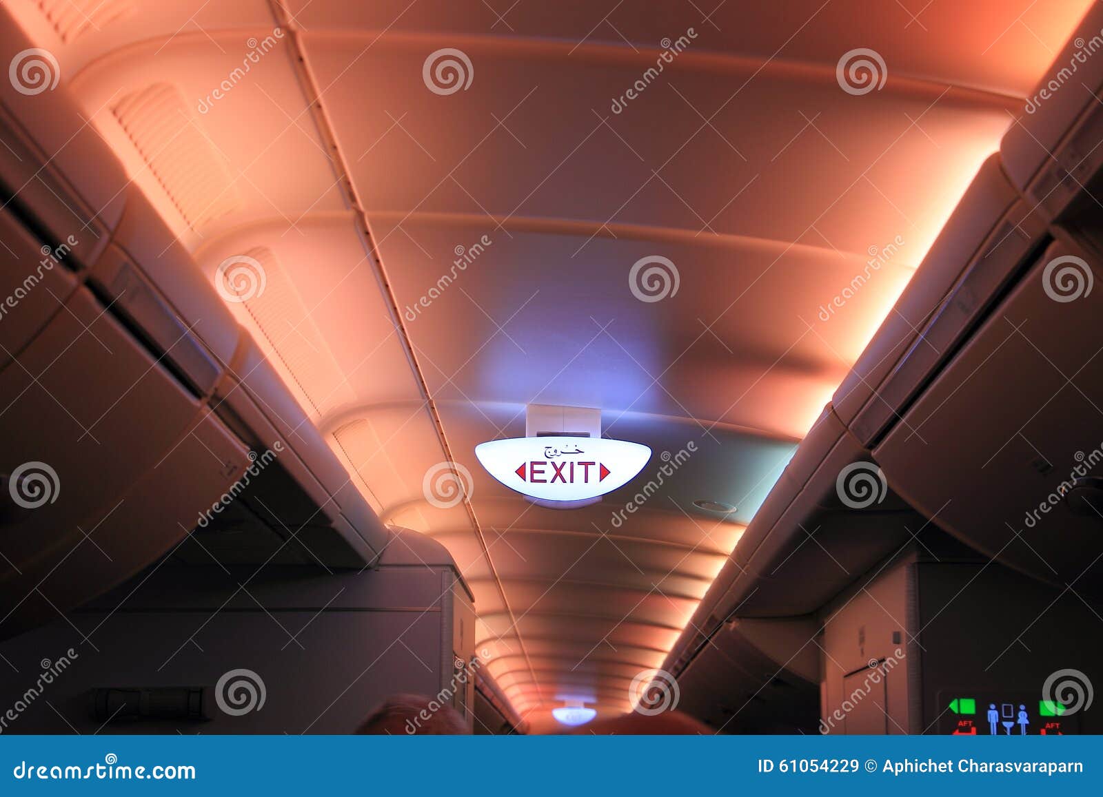Glowing Electrical Exit Sign on Ceiling in Airbus A380 Stock Image ...