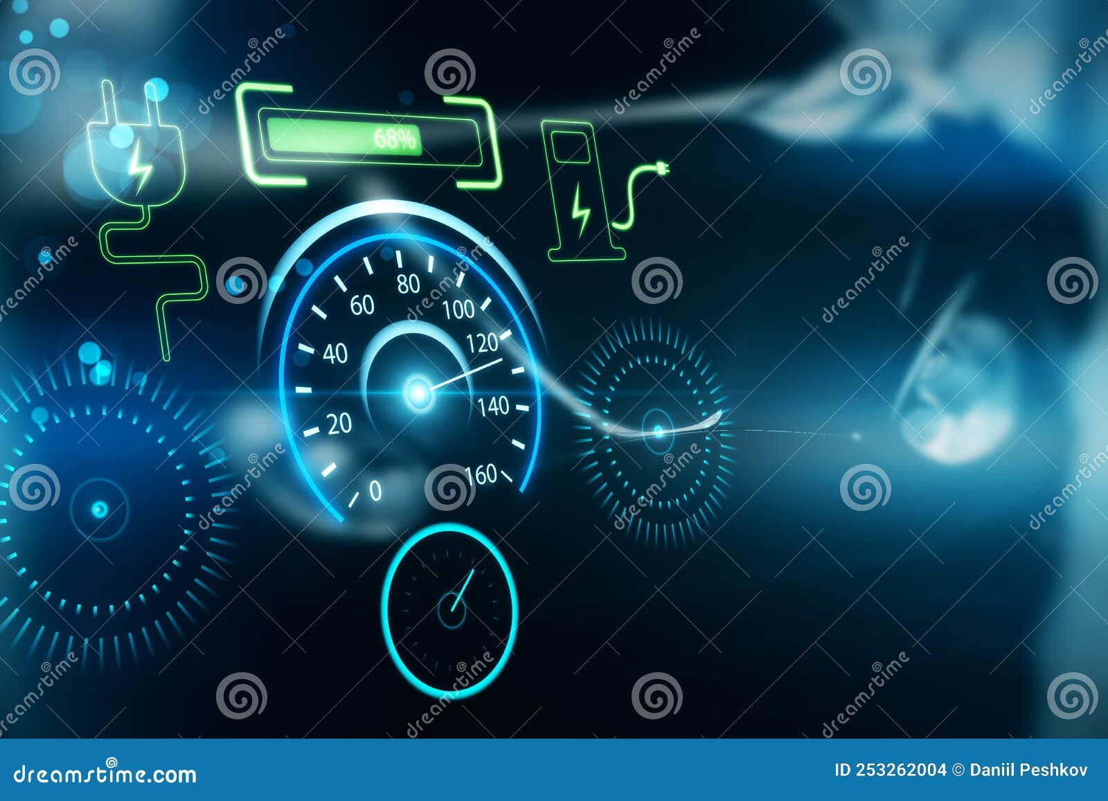 Glowing Electronic Car Dashboard Interface Hologram On Blurry Blue ...