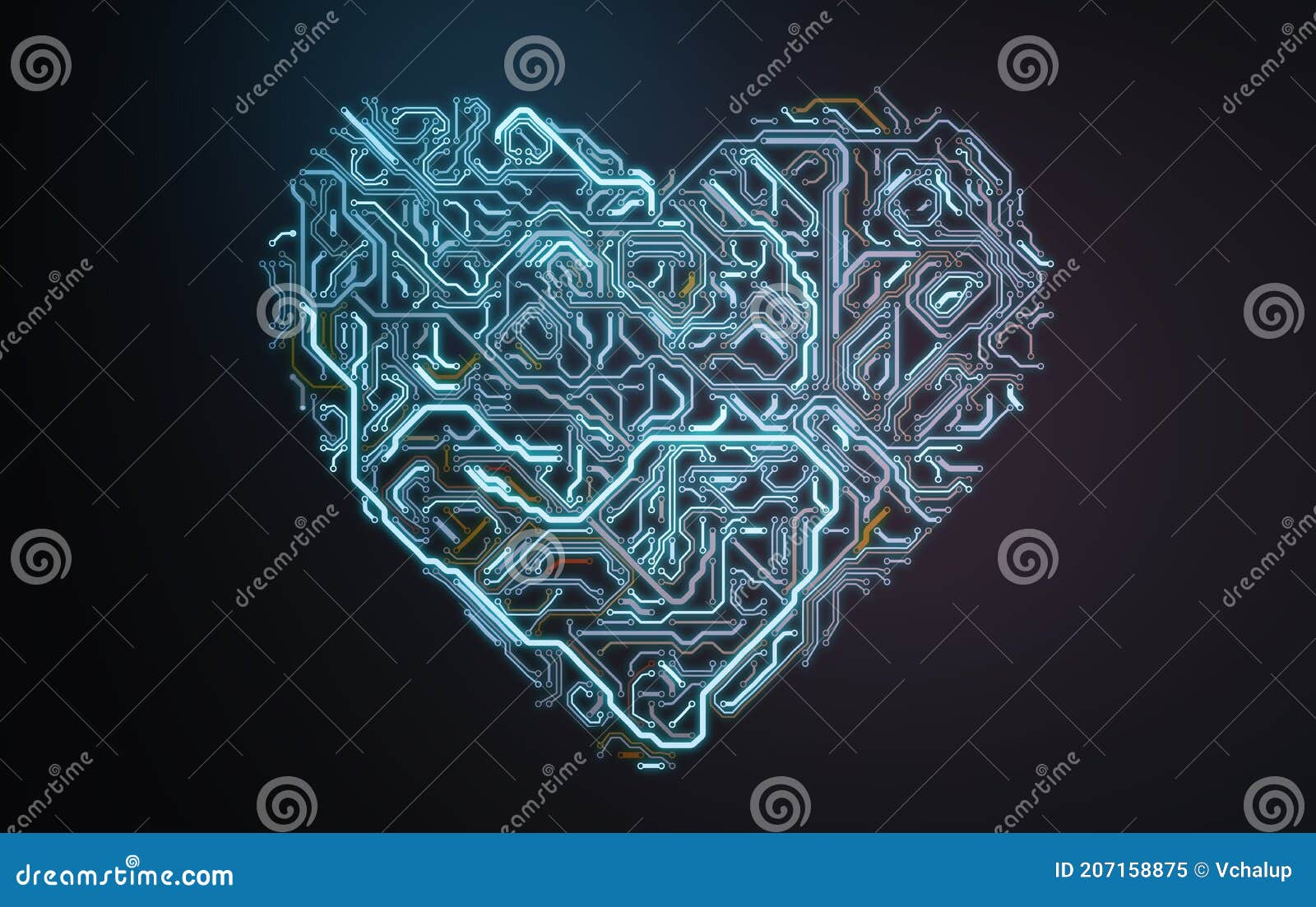 Glowing Electronic Circuit in Shape of Heart. 3D Rendered Illustration ...