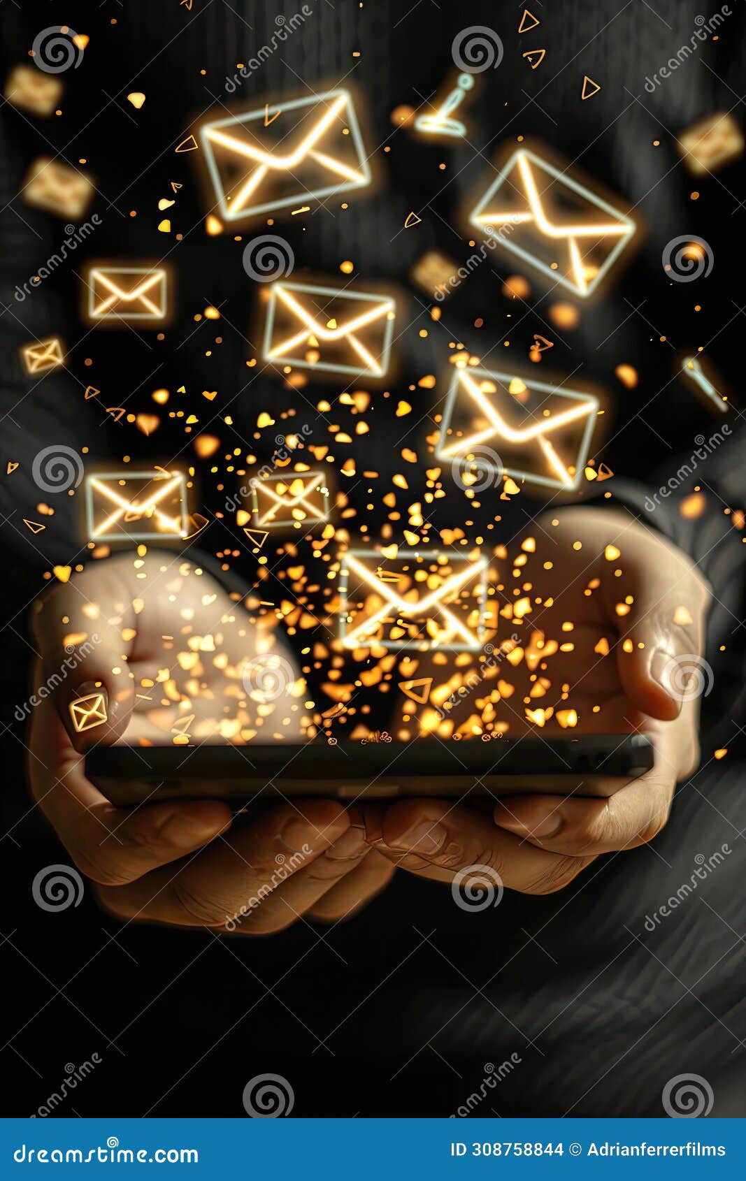Glowing Email Icons Emerging from a Smartphone in a Man S Hands. Stock ...