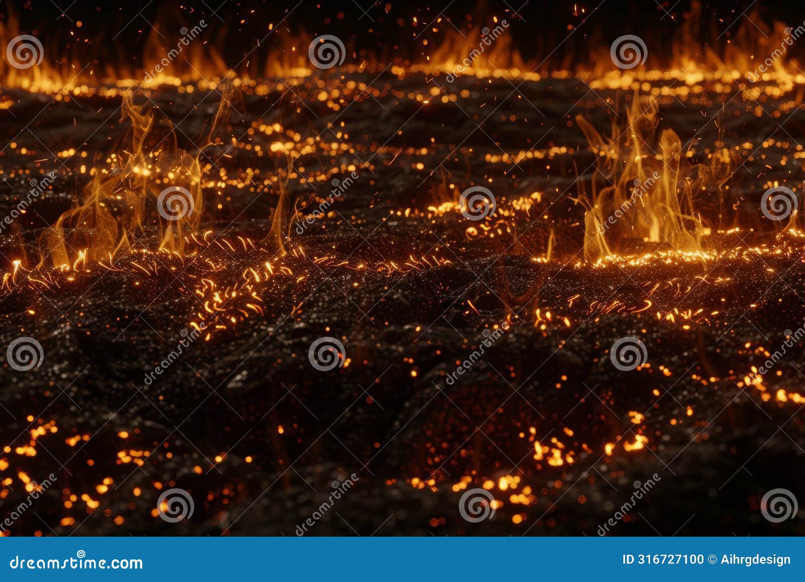 Fiery Embers and Flames Dancing Across a Charred Landscape at Night ...