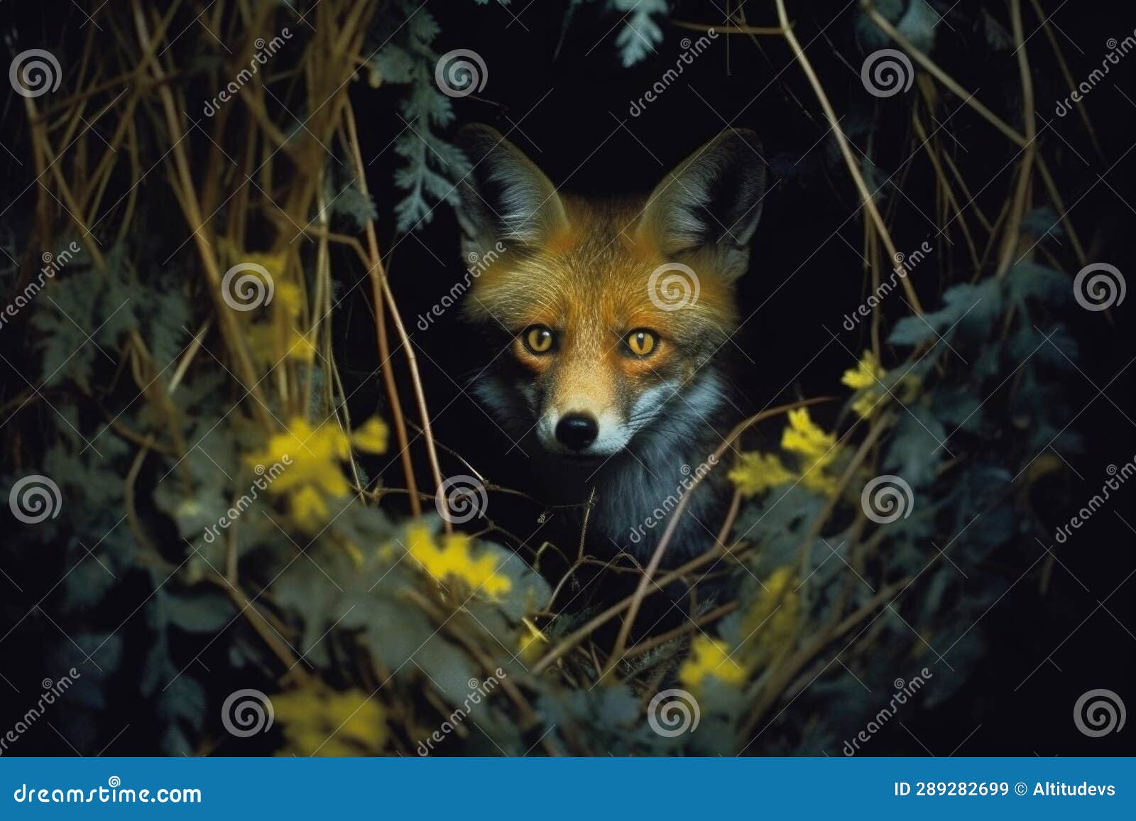 Glowing Eyes of a Fox Hiding in Bushes at Night Stock Image - Image of ...