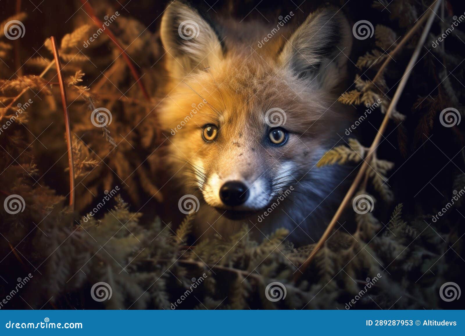 Glowing Eyes of a Fox Hiding in Bushes at Night Stock Illustration ...